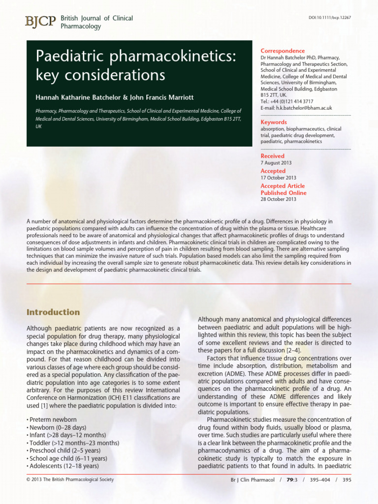 Brit J Clinical Pharma - 2013 - Batchelor - Paediatric Pharmacokinetics Key Considerations | PDF ...