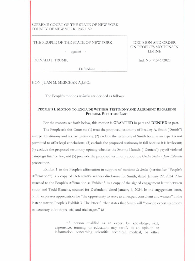 Juan Merchan Order Re Motion in Limine Trump Trial Bragg New York | PDF ...