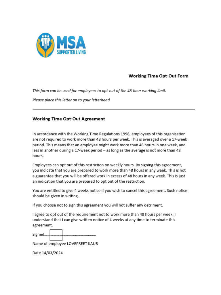 MSA Working Time Opt Out Form | PDF