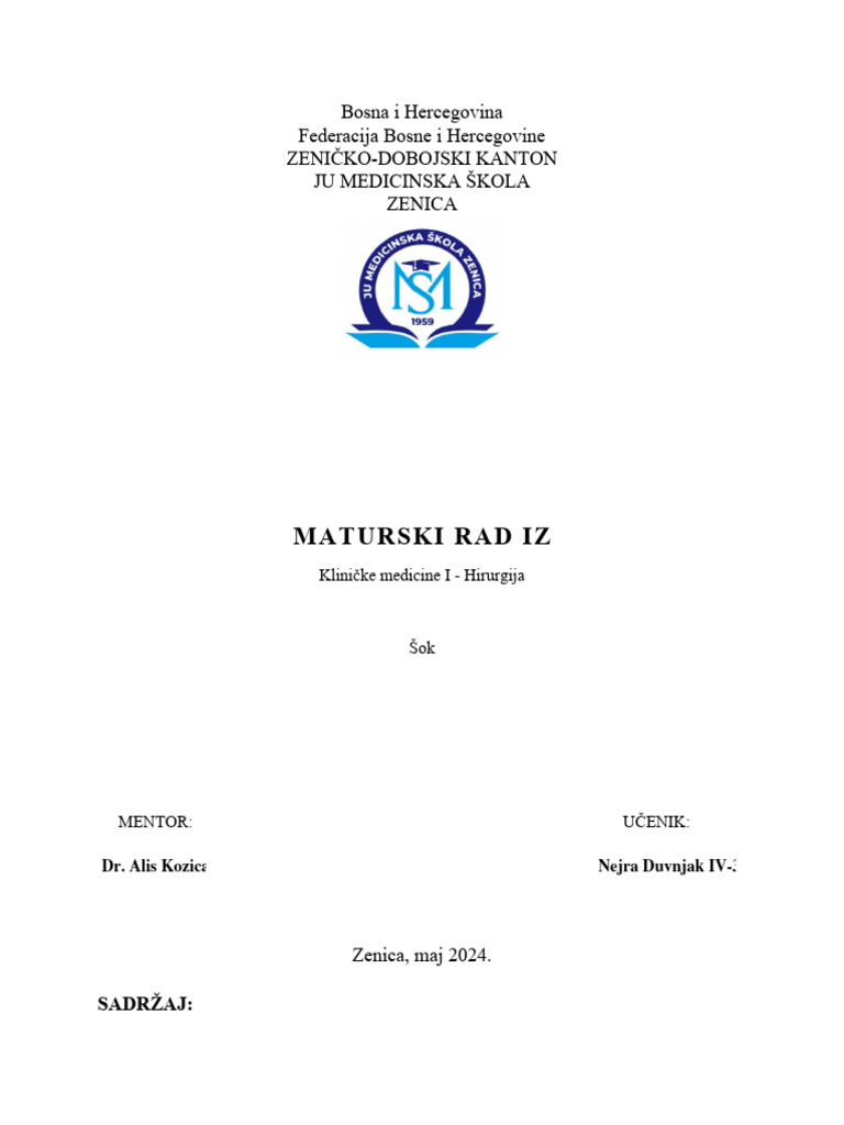 Maturski Rad Iz: Bosna I Hercegovina Federacija Bosne I Hercegovine Zeničko-Dobojski Kanton Ju ...