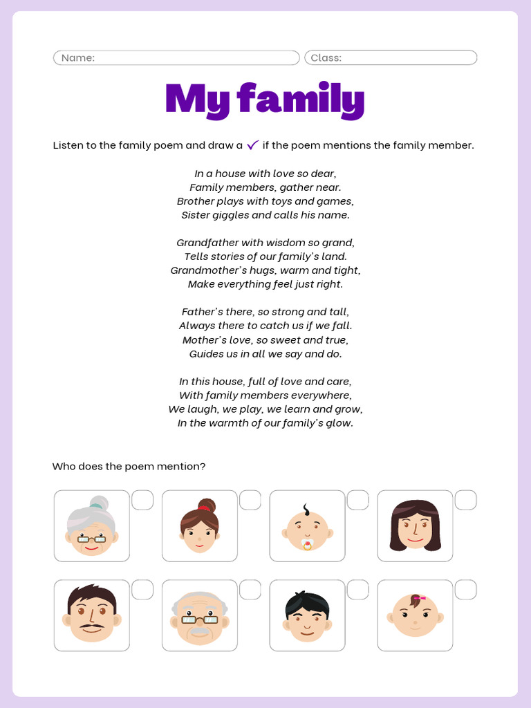 My Family Poem Worksheet in Purple Illustrative Style | PDF