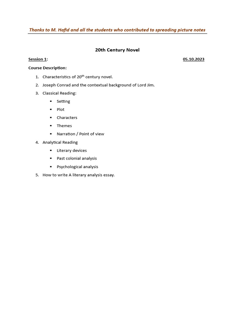 20th Century Novel Analysis Guide | PDF | Narration | Postcolonialism