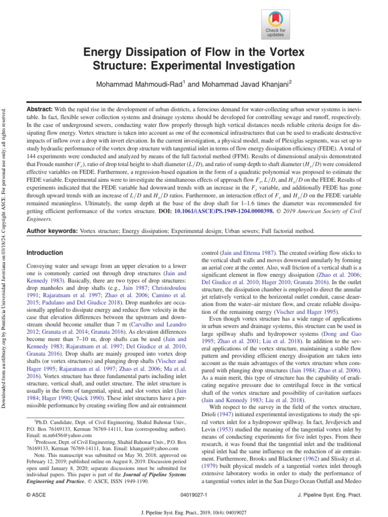 Mahmoudi Rad Khanjani 2019 Energy Dissipation of Flow in The Vortex Structure Experimental ...