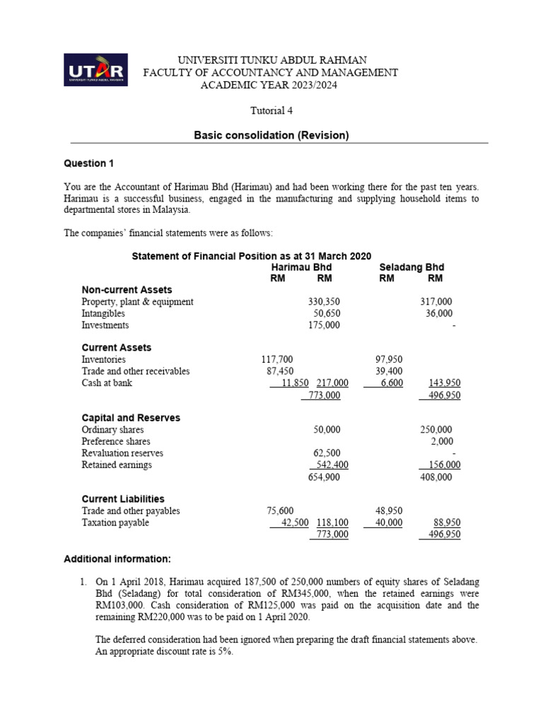 UKAF4034-ACR-Tutorial_4-Q_BasicConso_ | PDF | Goodwill (Accounting ...