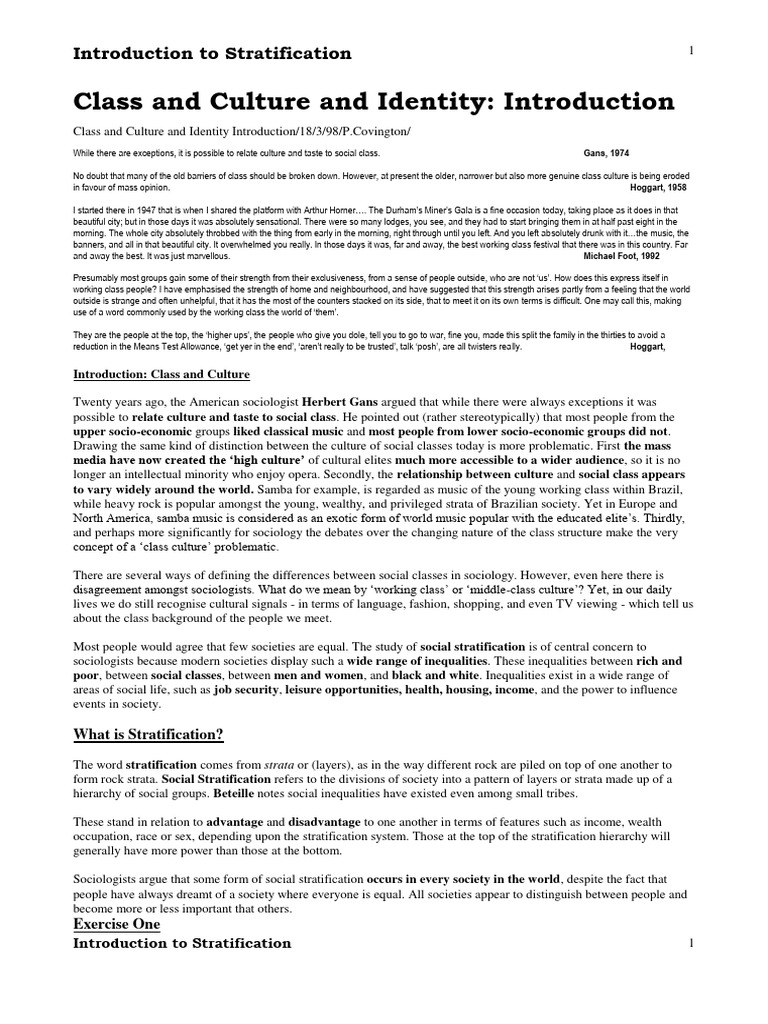 Class and Culture and Identity Introduction | PDF | Caste | Social ...