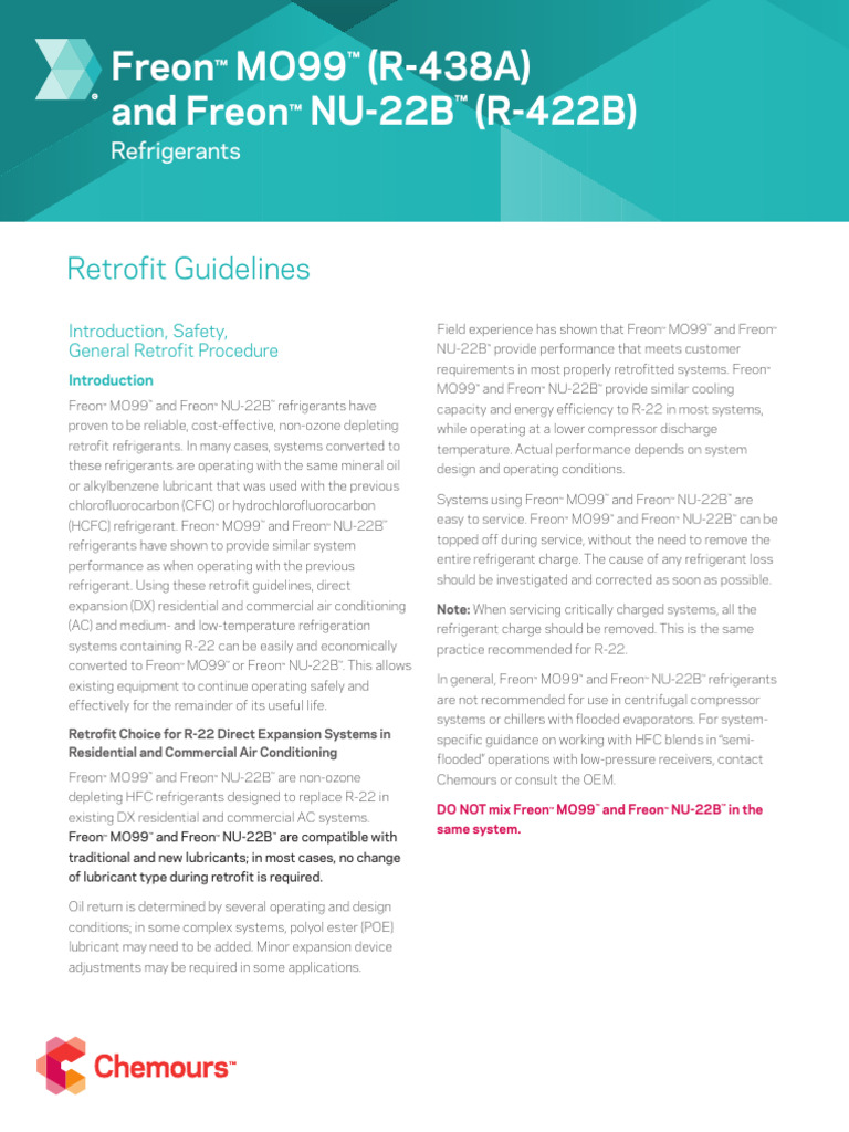 Freon Mo99 Nu22b Retrofit Guidelines | PDF | Gases | Engineering ...