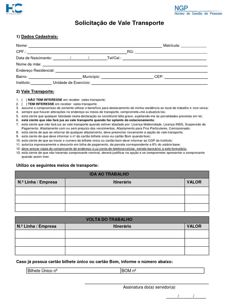 Solicitacao Vale Transporte | PDF