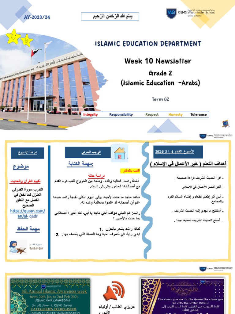 Week 10 Islamic A Grade 2 Newsletter AY 2023-24 Term 02 | PDF