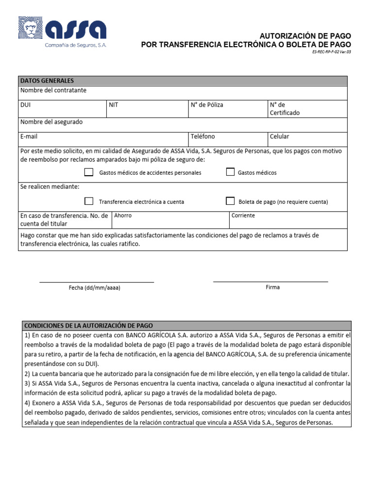 Formulario de Autorizacion de Pago Por Transferencia Electronica o Boleta de Pago | PDF | Seguro ...
