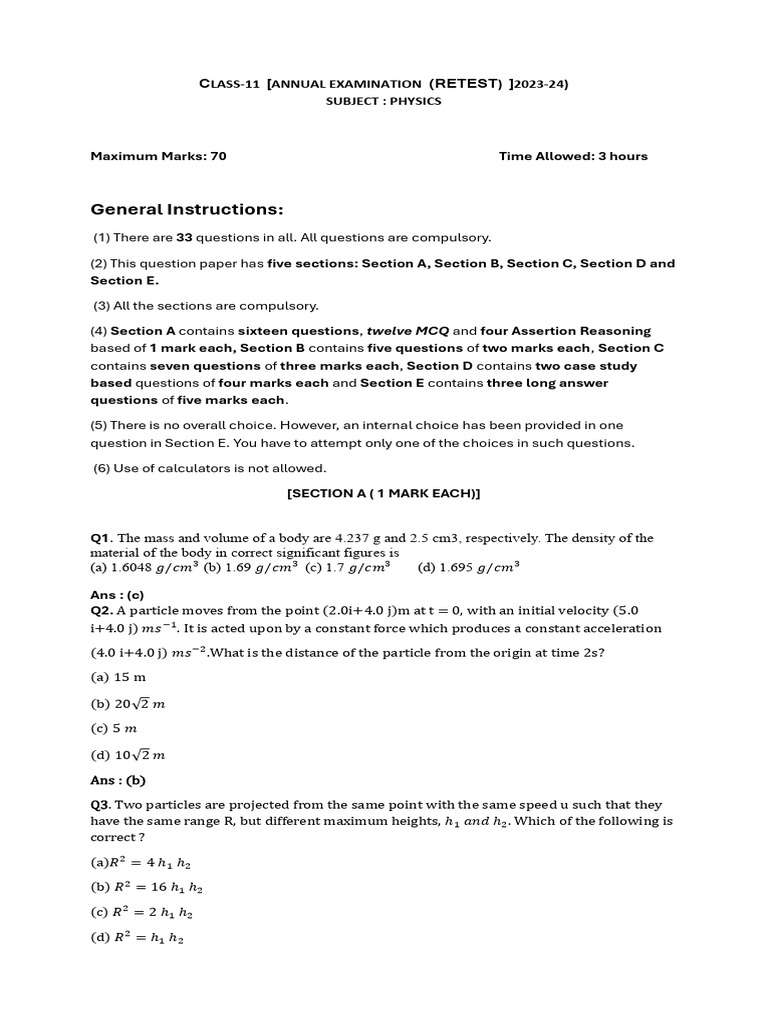 Class-11 Annual Paper (RETEST) and Solution (Physics) | PDF | Gases ...