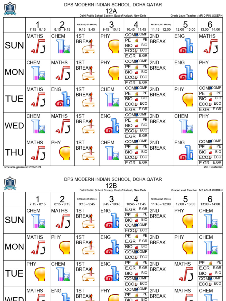 DPS Doha Class 12 Timetables 2024 | PDF | Educational Institutions | Delhi
