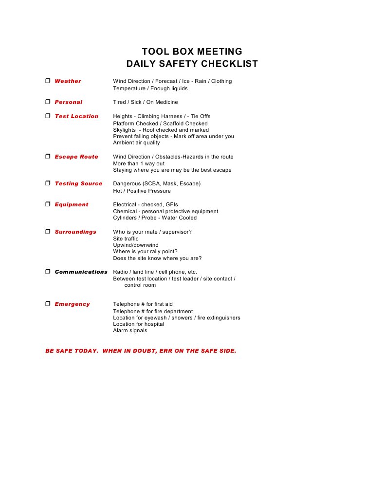 Daily Safety Checklist for Toolbox Meetings | PDF