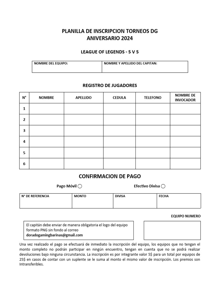 Planilla de Inscripcion Torneos DG Aniversario 2024 - Grupales | PDF