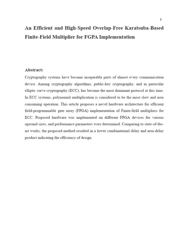 An Efficient and High Speed Overlap Free Karatsuba Based Finite Field Multiplier For Fpga ...