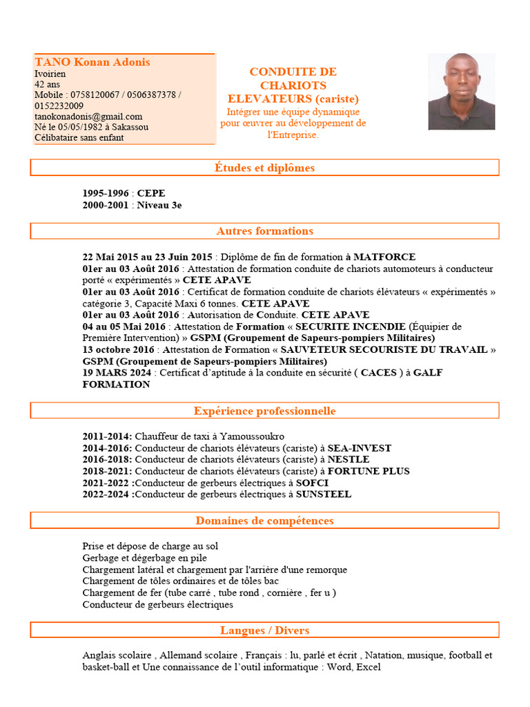 CV Cariste avec CACES et Expérience | PDF | Chariot élévateur
