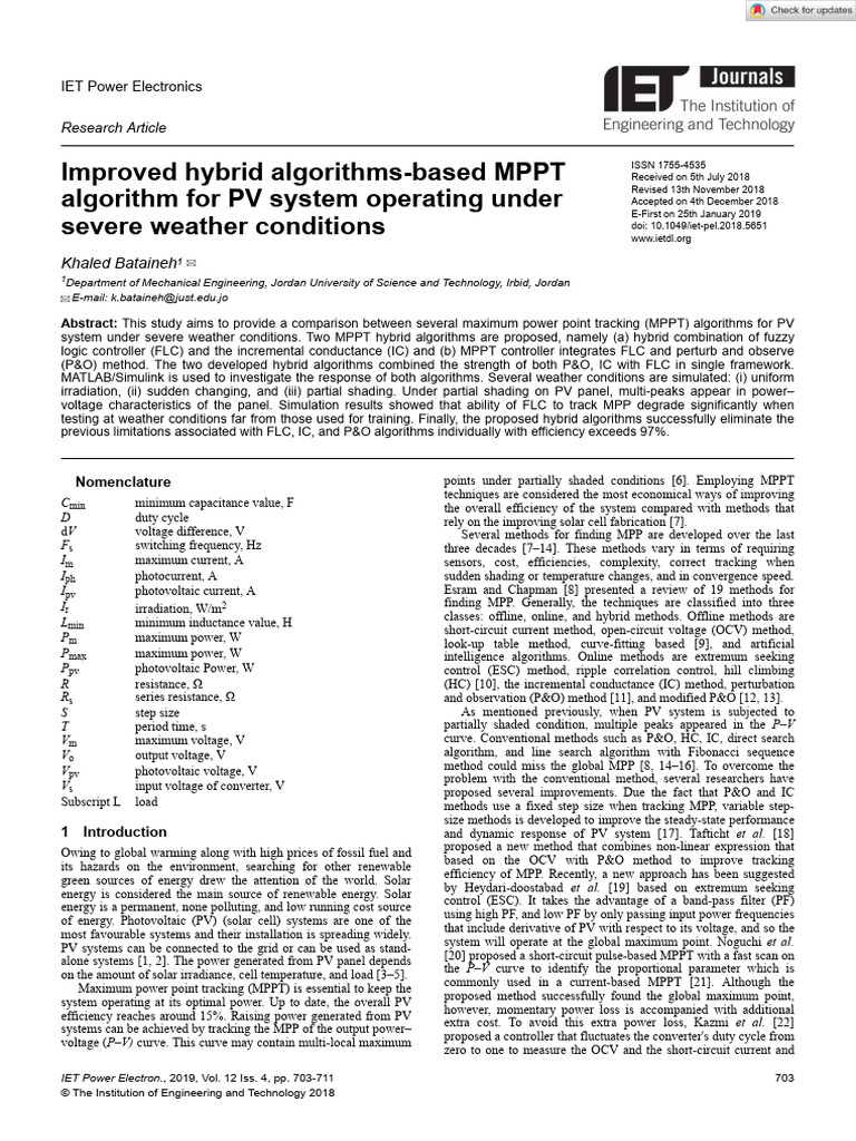 IET Power Electronics - 2019 - Bataineh - Improved Hybrid Algorithms Based MPPT Algorithm For PV ...