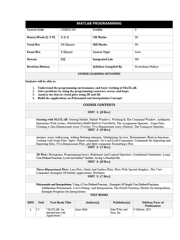 Syllabus MATLAB | PDF | Matrix (Mathematics) | Matlab