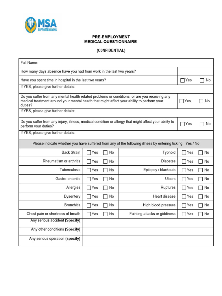 MSA Medical Questionnaire | PDF | Health Care | Public Health