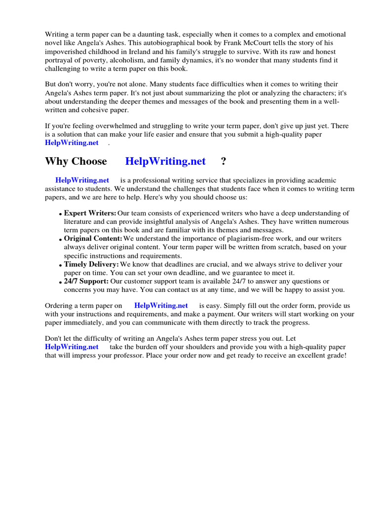 Angela's Ashes Term Paper Guide | PDF | Mystery, Thriller & Crime Fiction