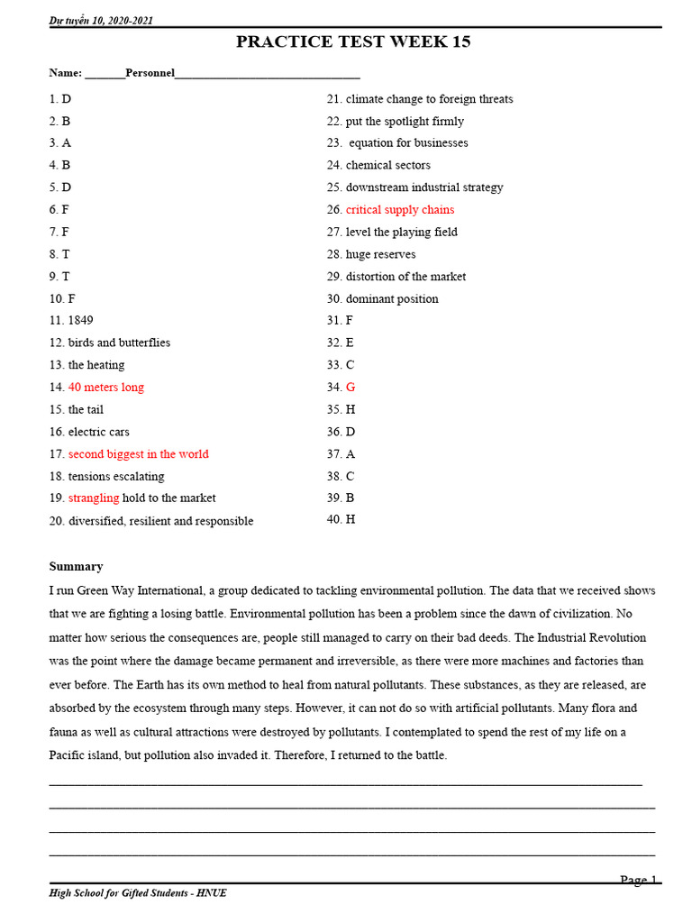 Answersheet - Practice Test Week 14 | PDF | Pollution | Environmental ...