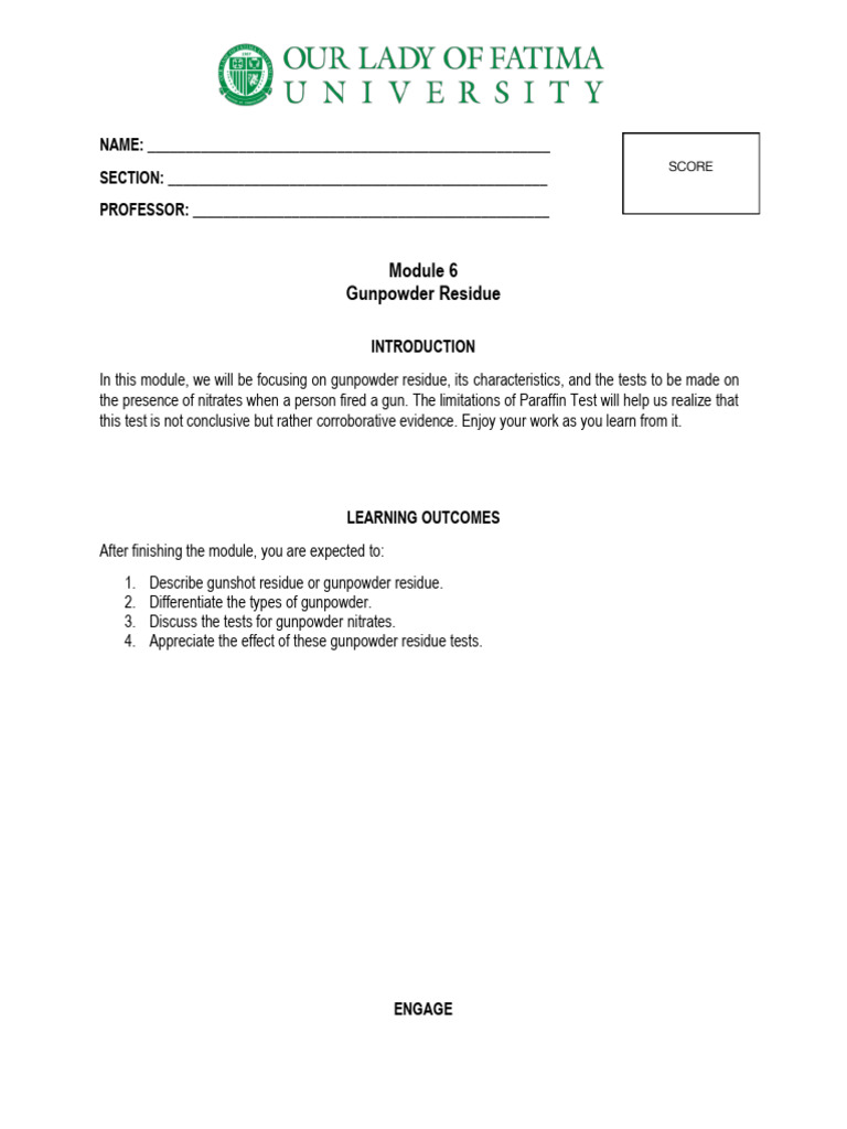 Module 6 - Gunpowder Residue | PDF | Ballistics | Firearms