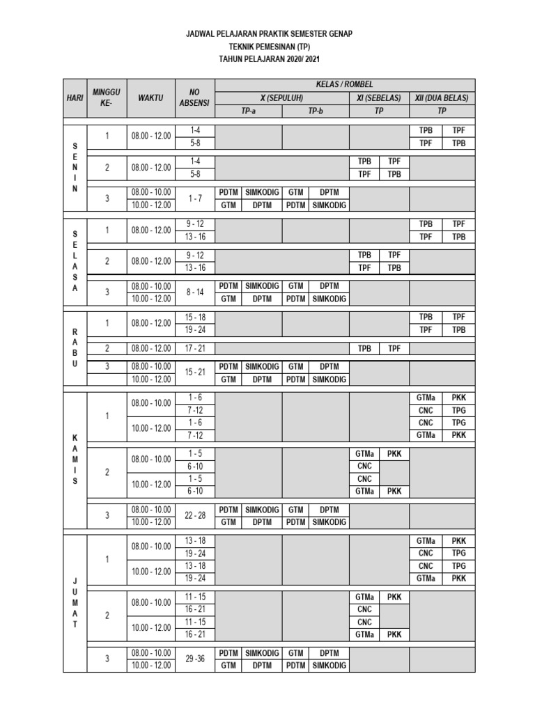 JADWAL KBM TP SMT. Genap TM 2020-2021 | PDF JADWAL KBM TP SMT. Genap TM 2020-2021 | PDF