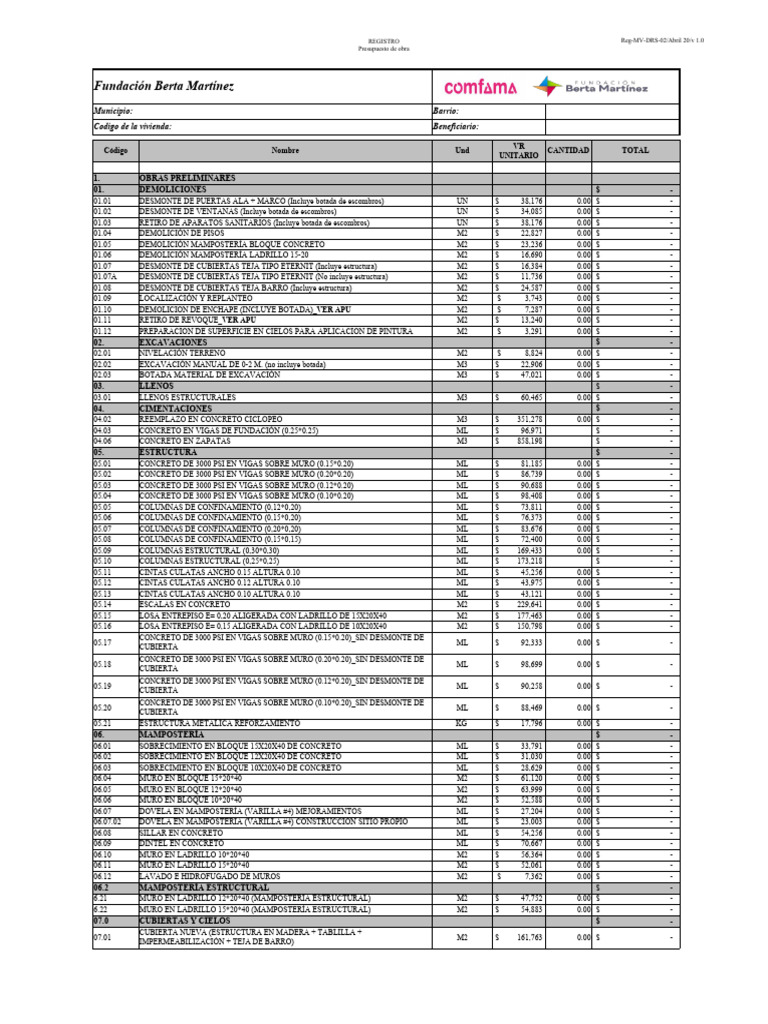 Plantilla Ppto | PDF | Albañilería | Tubería (transporte de fluidos)