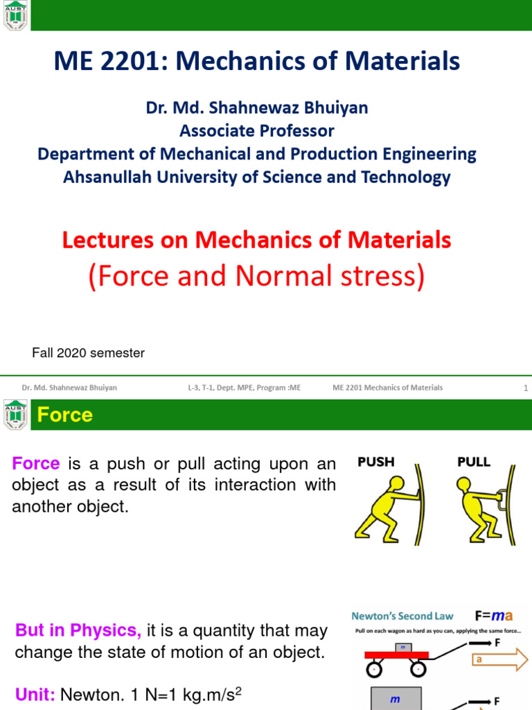 1.ME 2201-Lecture 2 (Normal Stress, Shear Stress, Bearing Stress) | PDF | Stress (Mechanics ...