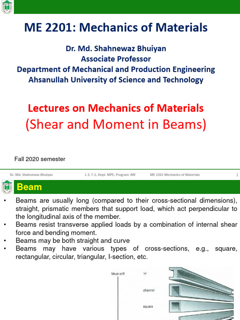 ME 2201-Lecture 7 - Shear and Bending Moment in Beams | PDF | Bending ...