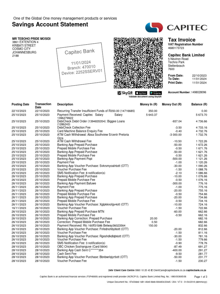 Capitec Bank Savings Statement | PDF | Debit Card | Stored Value Card