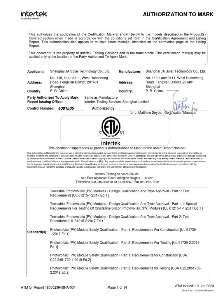 UL 61215 Certification for JA Solar Modules | PDF | Photovoltaics ...