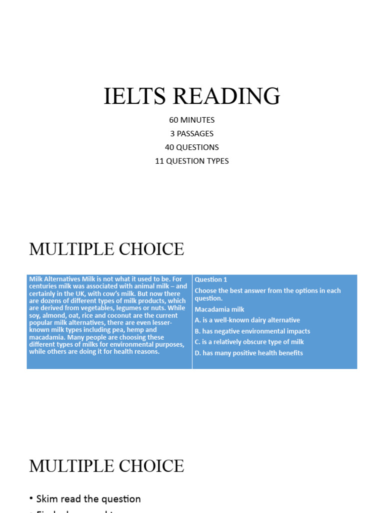 Ielts Reading 10 Question Types | Download Free PDF | Soy Milk | Milk