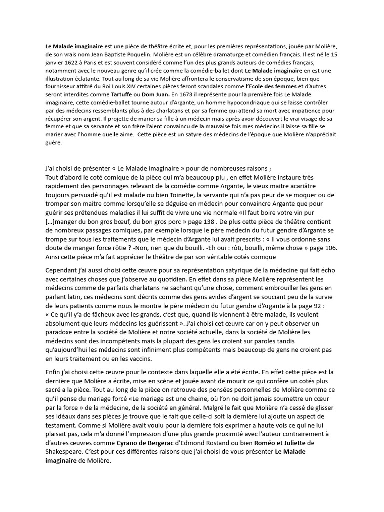 Analyse de "Le Malade imaginaire" de Molière | PDF | Molière