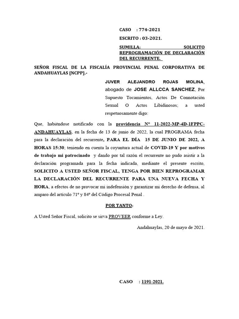 Solicito Reprogramación de Declaración Del Recurrente. | PDF | Gobierno | Justicia