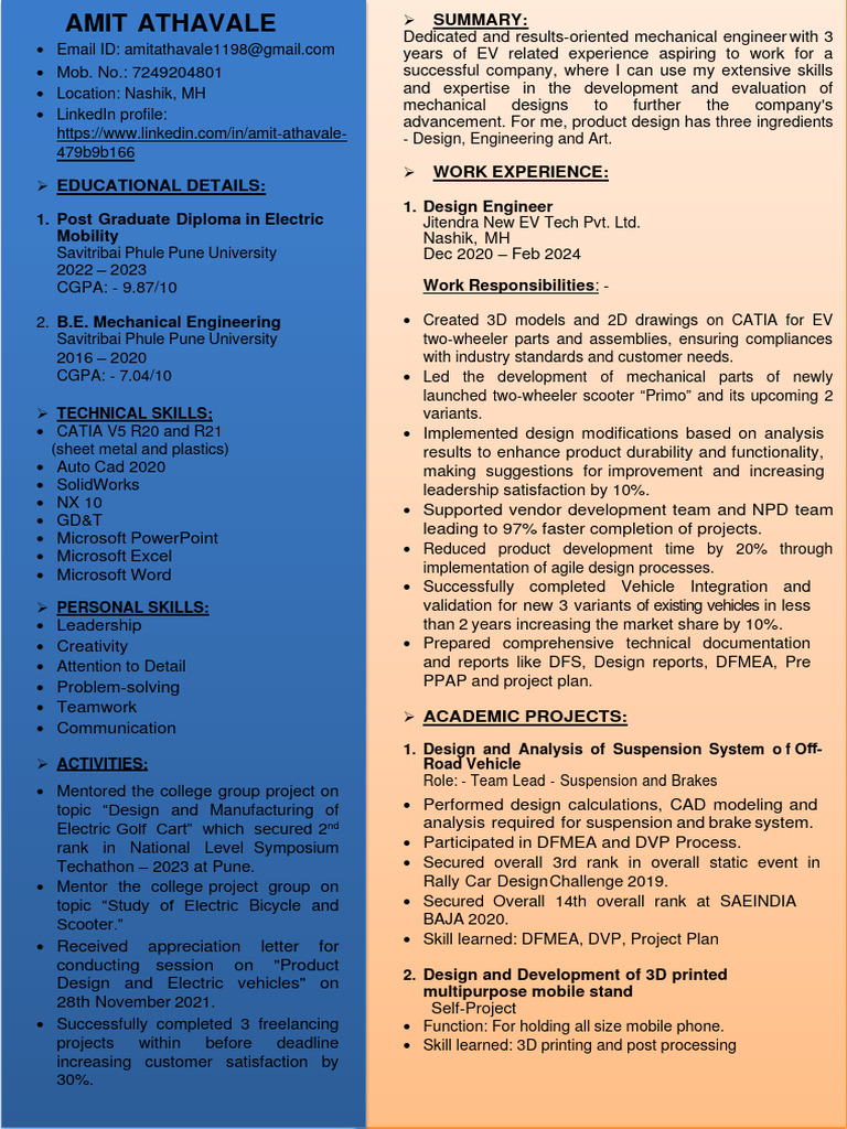 Amit Athavale - Design Engineer - Be - Mech - 3yrs Exp - Immediate Joining | PDF | Transport ...