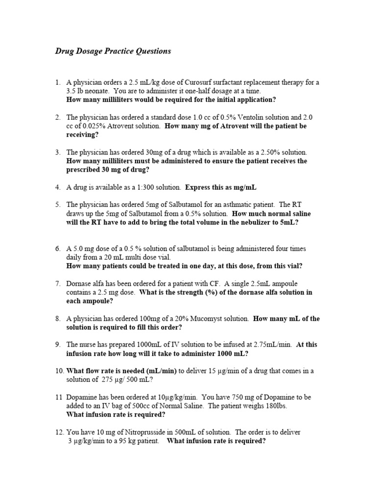 Drug Dosage Practice Questions | PDF | Dose (Biochemistry) | Chemistry