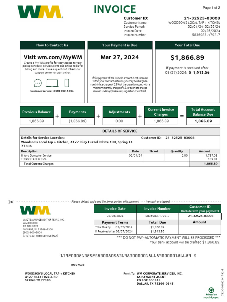Invoice - Woodson's Local Tap + Kitchen | PDF | Cheque | Waste