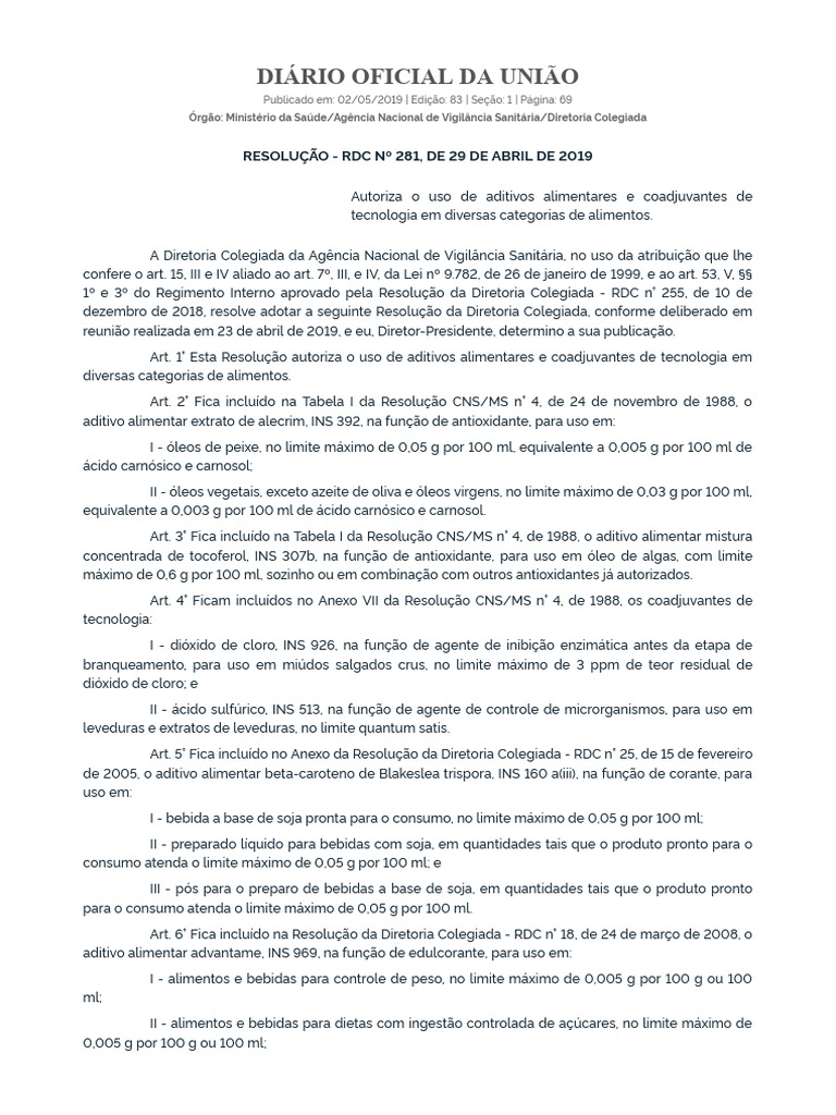 RDC #281 - 29 de Abril 2019 - Uso de ADITIVOS e COADJUVANTES para ...