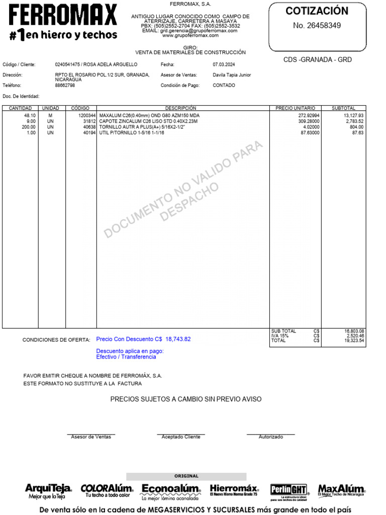 Precios de Capote y Maxalum Ferromax | PDF