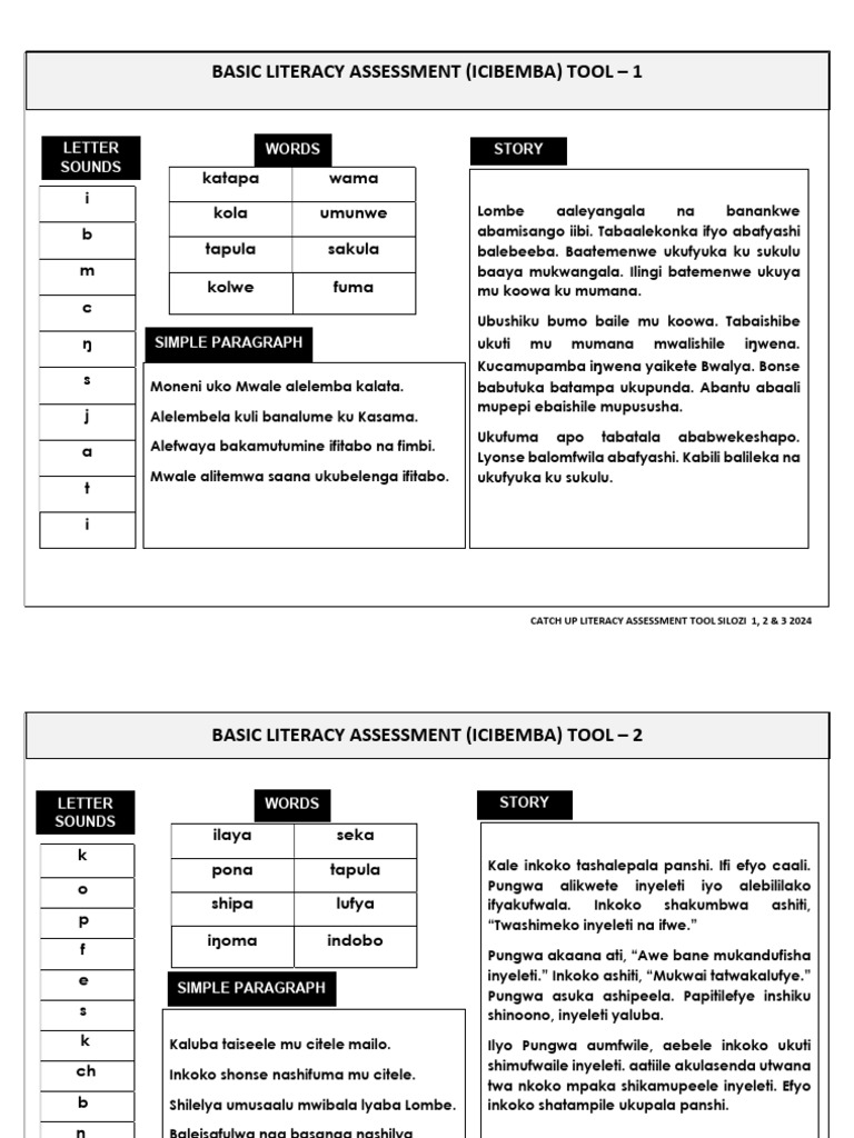 Icibemba Literacy Assessment Tool Set 1-3 2024 | PDF | Learning To Read ...