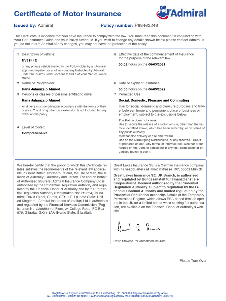 Comprehensive Motor Insurance Certificate | PDF | Vehicle Insurance ...
