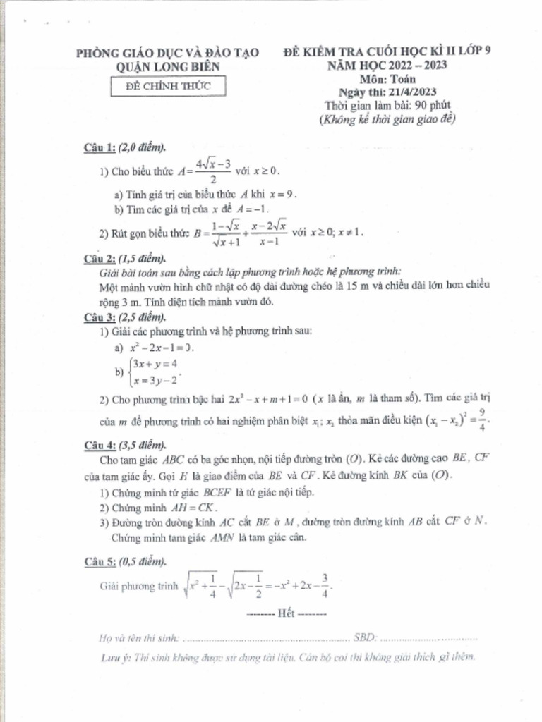 De Cuoi Hoc Ki 2 Toan 9 Nam 2022 2023 Phong GDDT Long Bien Ha Noi | PDF