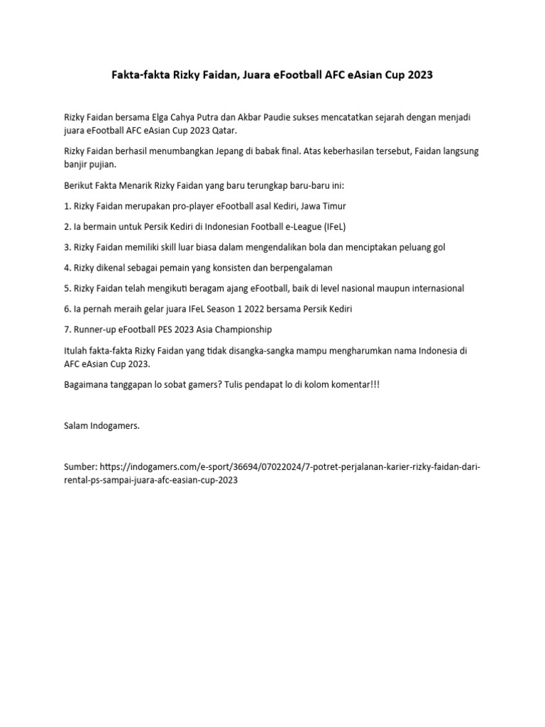 Fakta-Fakta Rizky Faidan, Juara Efootball AFC Easian Cup 2023 | PDF | Olahraga & Rekreasi