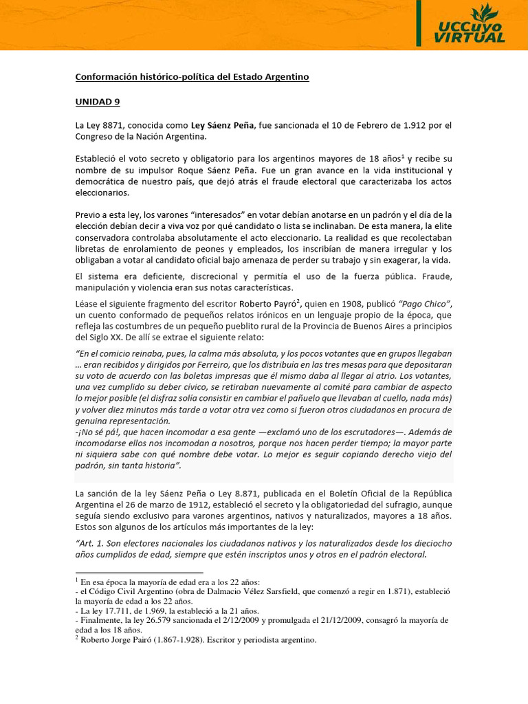 Unidad 9 - La Ley 8871 - Ley Sáenz Peña | PDF | Sufragio de las mujeres ...