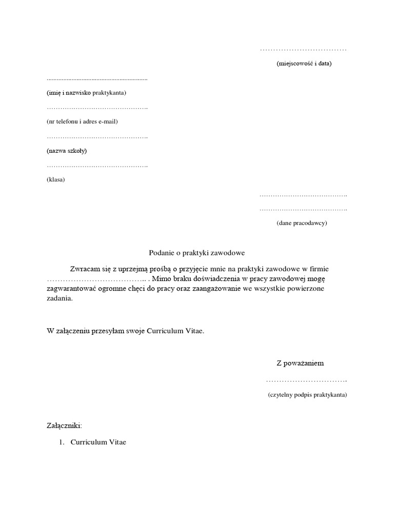 Wzor Podania o Praktyki Zawodowe | PDF
