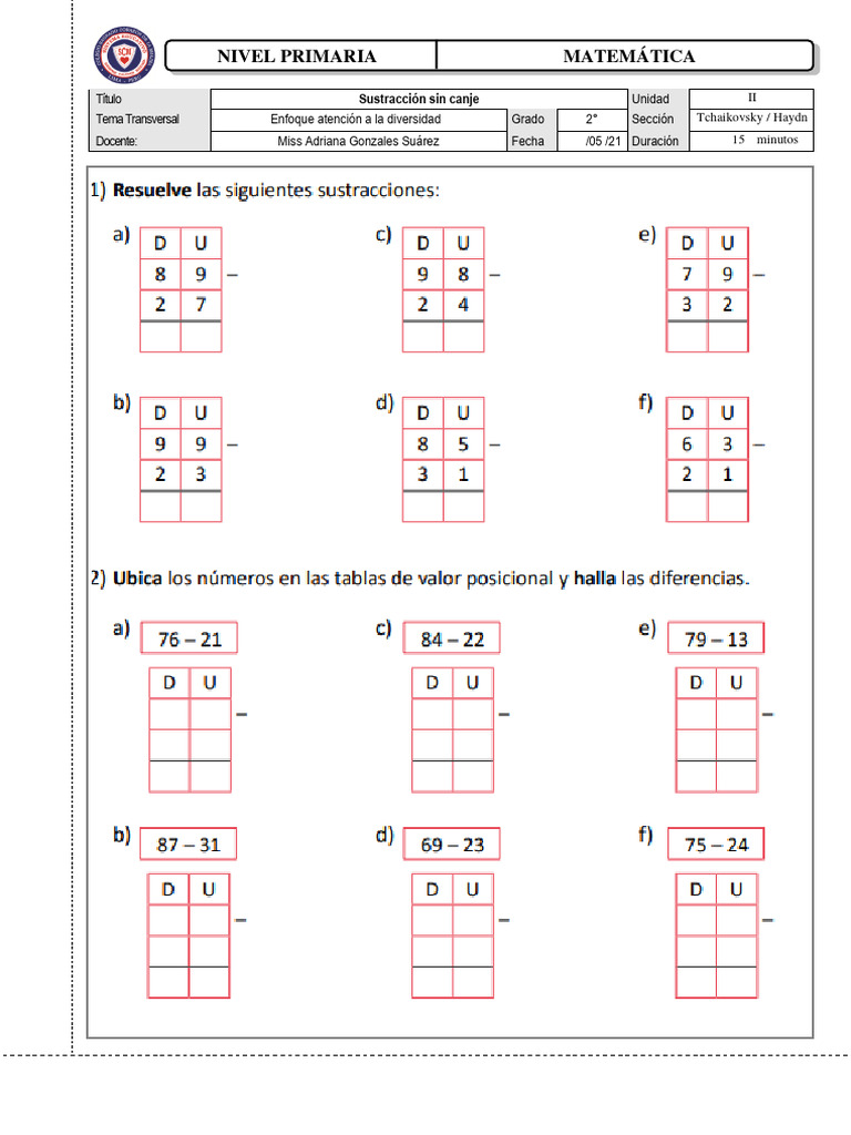 Sustracción sin canje para 2° grado | PDF | Historia