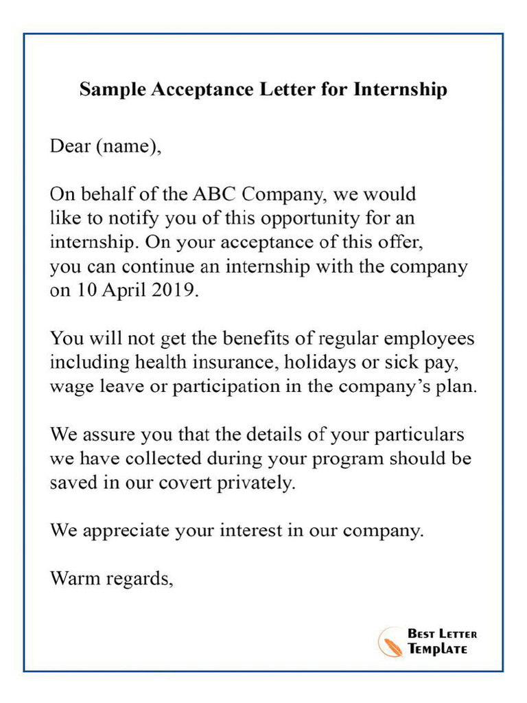 Internship Acceptance Letter Template - Format, Sample & Example | PDF