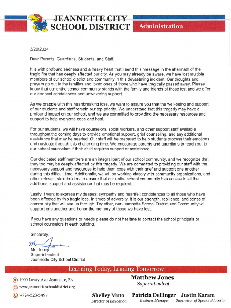 Letter To The Community From Jeannette City School District | PDF