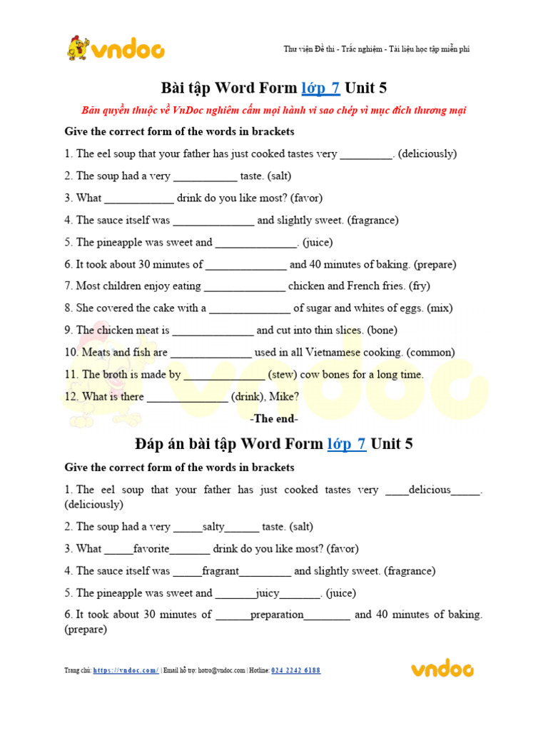 Bai Tap Word Form Lop 7 Unit 5 | PDF | Foods | Cuisine