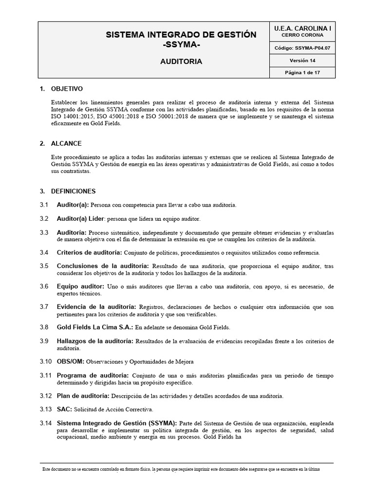 SSYMA P04.07 Auditoria - V14 | PDF | Auditoría | Contralor